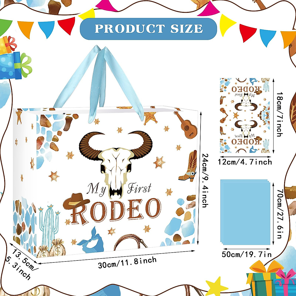 My First Rodeo Birthday Gift Bag Western Cowboy 1st Birthday Gift Bag with Tissue Paper Greeting Card My First Rodeo Birthday Decor Boy Wild West 1st Wrapping Paper Bags for Baby Boy Bday Party Supply