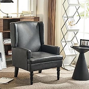 LOVSPATIO Faux Leather Accent Chair, Mid-Century Upholstered Living Room Chairs, Comfy Single Recliner Sofa with Arm and Wood Legs for Bedroom Waiting Room Office - Grey