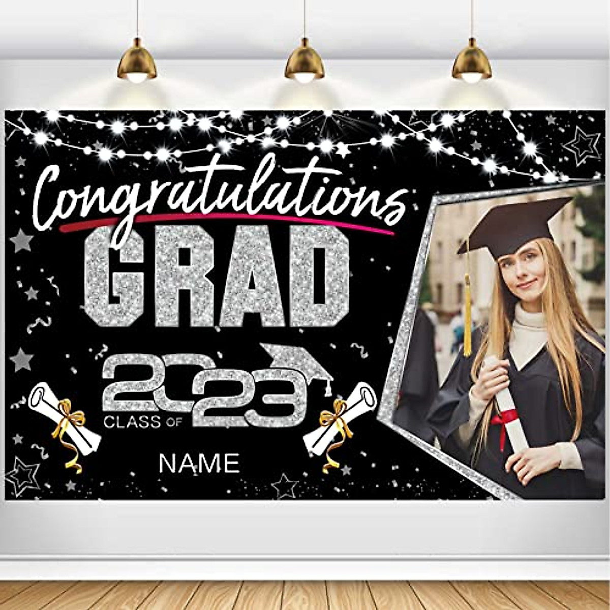 Custom Graduation Party Decorations 2023-Personalization Congratulations Graduation Banner-Class of 2023 Graduation Decorations Supplies(Black and Silver)