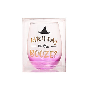Pearhead Witch Way to the Booze Wine Glass, Fall Holiday Home Accessories, Halloween Stemless Wine Glass, 15 oz