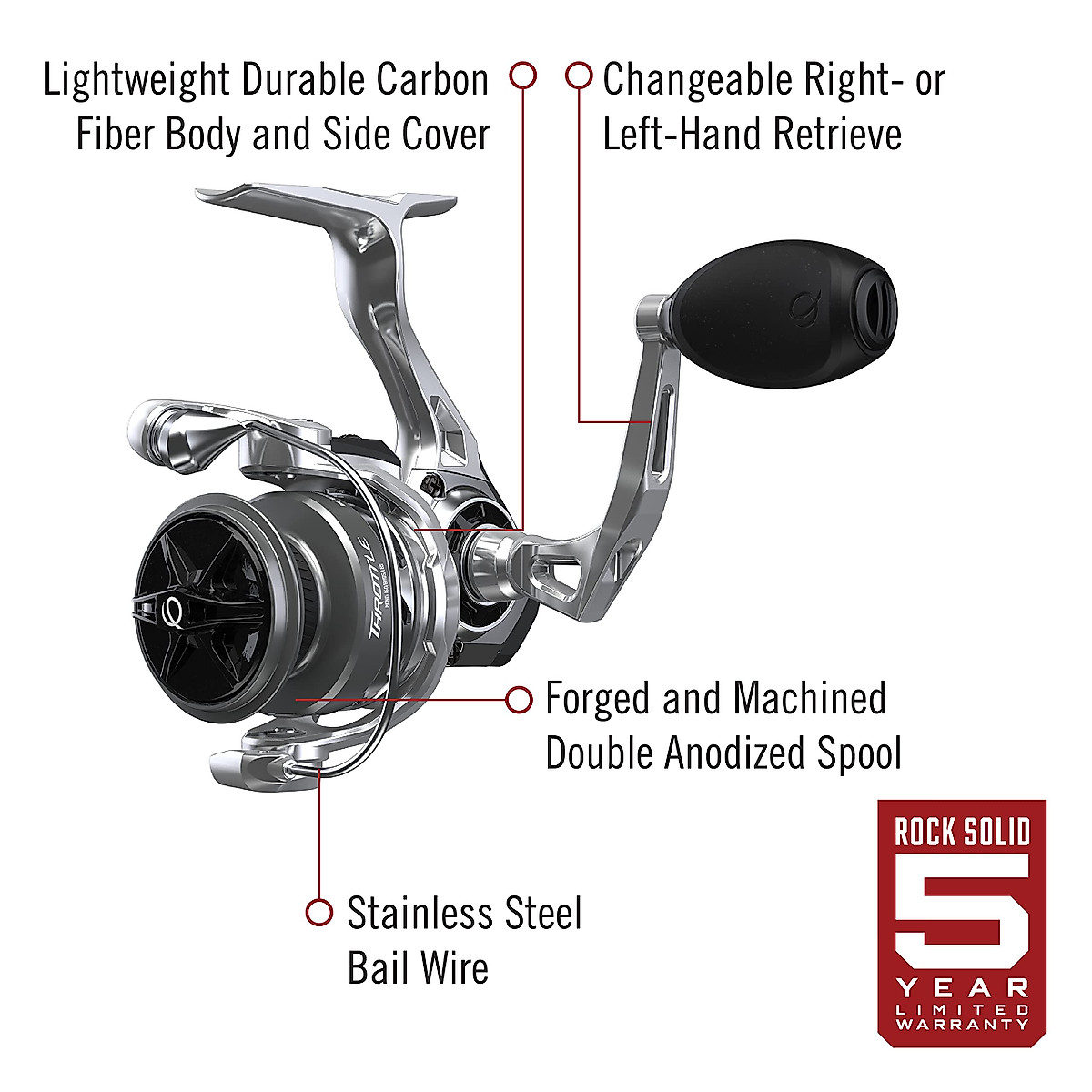 Zebco Quantum Throttle Spinning Fishing Reel, Size 10 Reel, Stainless Steel Bail Wire, Dura-Lok Anti-Reverse Clutch, Oversized Non-Slip Handle Knob, 10 + 1 Ball Bearings, 5.2:1 Gear Ratio, Silver