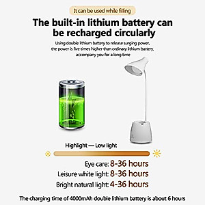 hctaw Desk Lamp LED, Desk Lamps with 3 Lighting Modes and Stepless Dimming, Desk Light 360 ° Flexible Gooseneck with Pen Holder & Mobile Phone Stand for Reading Kids Dorm (White)