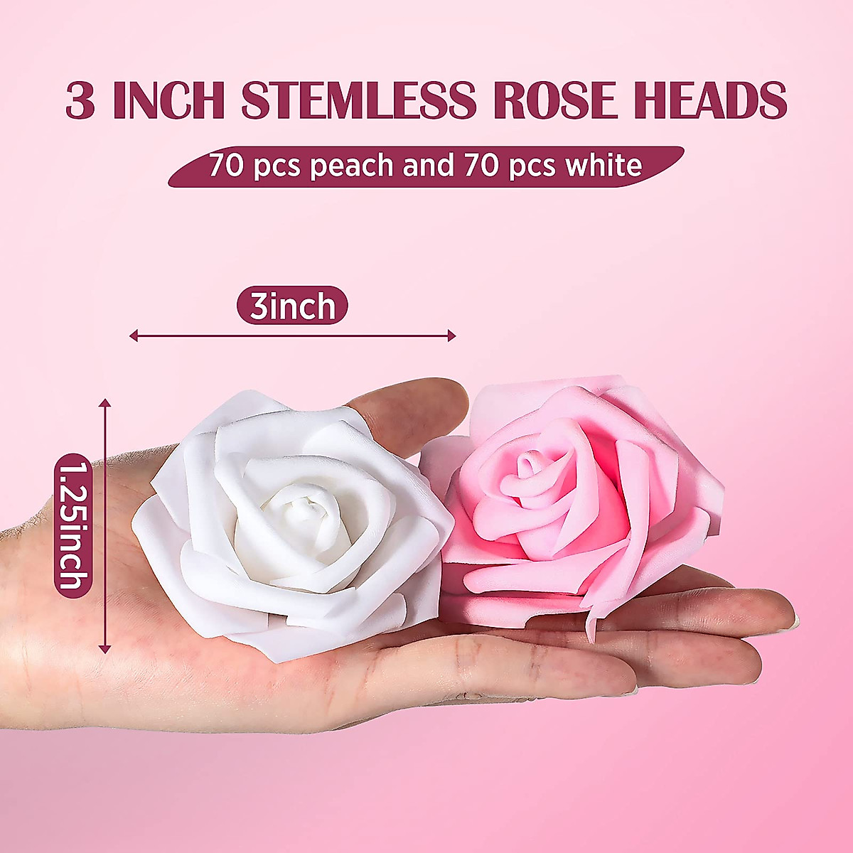 Chuangdi 140 Pieces Valentine's Day Artificial Foam Rose Head, 3 Inches Artificial Stemless Rose Flower Heads Without Stem for Weddings, Decor, DIY