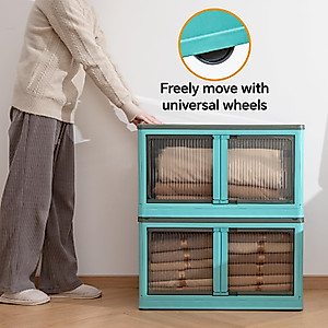 Homeforce Collapsible Storage Bins 3 Tier 23 Gal Each- Plastic Stackable Storage Bins with Lids and Wheels, 261 Quart/ 69 Gal Large Foldable Organization and Storage Box for Home and Office, Blue