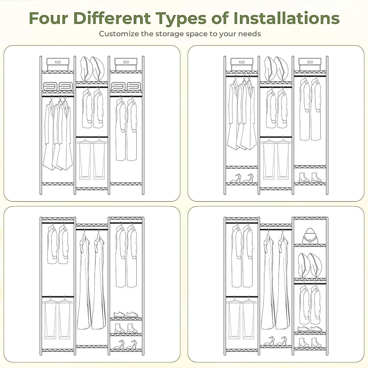JS HOME Portable Closet Wardrobe Heavy Duty Clothes Rack, Freestanding Clothing Rack with 4 Hang Rods & 8 Shelves, Adjustable Closet Rack, 57" L x 15.7" W x 76.8H, Max Load 925LBS, Black