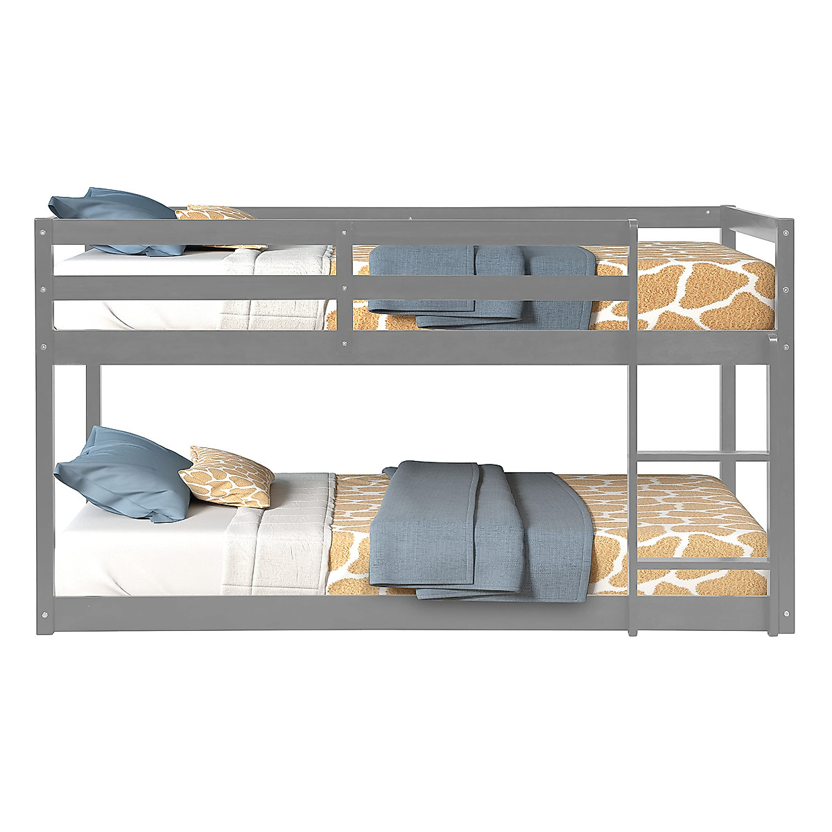 Bunk Beds Twin Over Twin, Wood Kids Low Bunk Bed with Guard Rails, Ladder for Young Children Boys Girls Dormitory Bedroom, No Box Spring Needed (Grey)