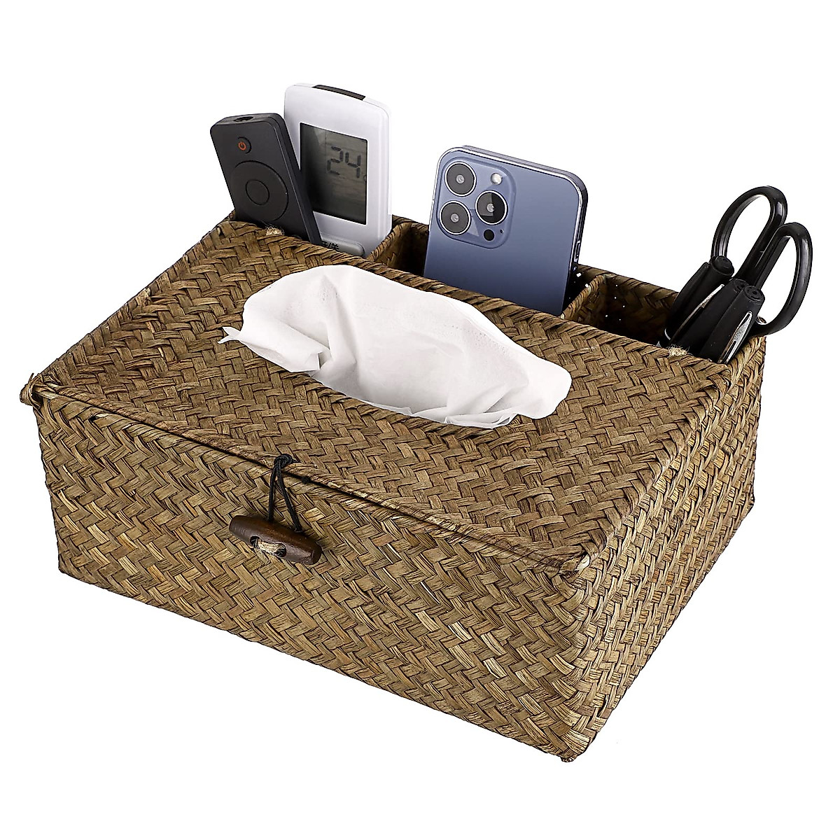 Sumnacon Seagrass Rectangular Tissue Box Cover - Multifunctional Tissue Holder with Stationery Remote Control Box, Decorative Tissue Pen Remote Organizer for Desktop Livingroom Home Office, Caramel
