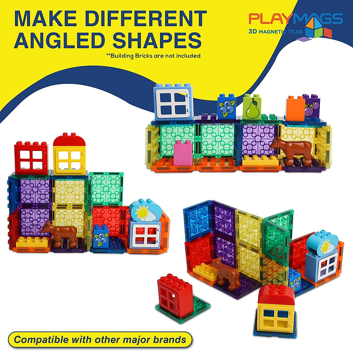 Playmags Magnetic Tiles, 18Pcs Magnetic Building Bricks, Exclusive Magnetic Blocks, Skill Development, Ages 3+ (Big Bricks Tiles)