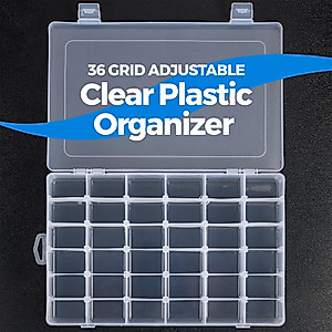 36 Grid Clear Plastic Organizer - Pack of 2- Bead Storage, Craft Organizer, DIY Small Parts Organizer, Jewelry Box, Fishing Tackle Box, Sewing, Nail Storage w/Adjustable Dividers & 5 Sticker Labels