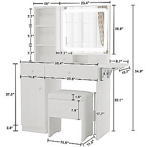 LIKIMIO Vanity Desk with Drawers & LED Lighted Mirror & Power Outlet & Cabinet, Storage Stool, Stylish Bedroom Makeup Table Set, White