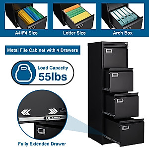 PEUKC 4 Drawer File Cabinet, Vertical Filing Cabinets with Lock, Metal File Cabinets for Home Office, Anti-Tip 4 Storage Drawers for Letter/Legal/A4/F4 Size (Assemble Required, Black)