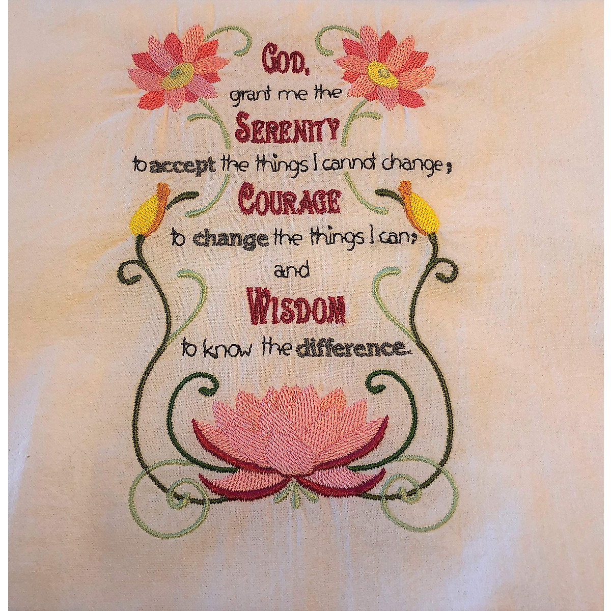 Serenity prayer embroidered flour sack tea towel, dish towel, choice of flower and large text color, machine embroidery,
