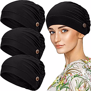 Geyoga 3 Pieces Bouffant Caps with Buttons Unisex Stretchy Headband Turban with Buttons for Women (Black)