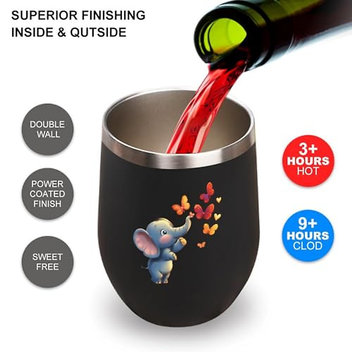 Butterfly Elephant Insulated Tumbler with Lid Stainless Steel Coffee Mug Cute Wine Tea Water Cup Black-style