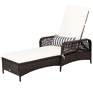 RELAX4LIFE Patio PE Rattan Chaise Lounge, Outdoor Recliner with Thick Cushion, Lumbar Pillow, 6-Gear Adjustable Backrest & Non-Slip Foot Pads, Sunbathing Lounger, Yard Wicker Couch Chair, White