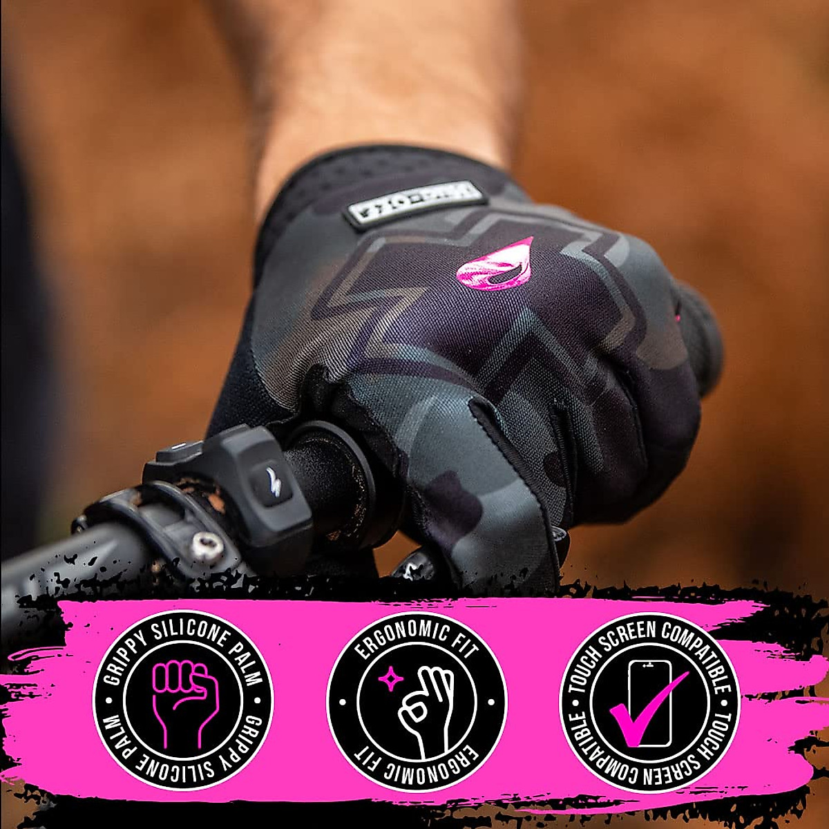 Muc-Off Camo MTB Gloves, L - Slip-On Cycling Gloves for MTB/BMX/Gravel/Road Bikes - Touch Screen Compatible Mountain Bike Gloves for Men and Women