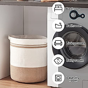 OIAHOMY Laundry Basket- Rope Basket Large Storage Basket with Handles,Modern Decorative Woven Basket for Living Room,Storage Baskets for Toys, Throws, Pillows,and Towels -18"×16"-White&Yellow