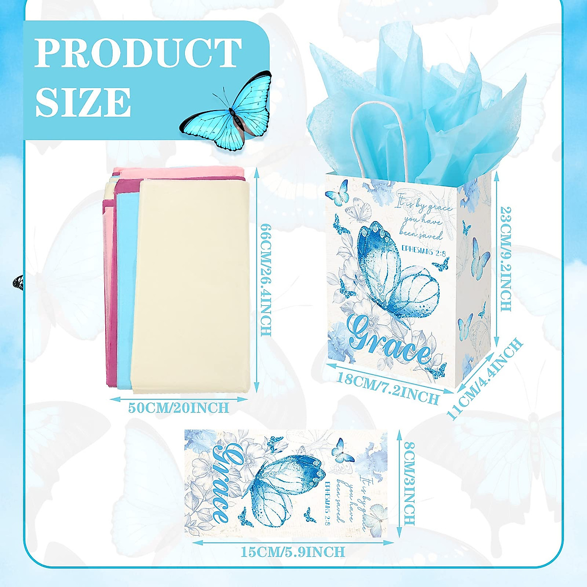 24 Pcs Bible Verse Paper Gift Bags Religious Butterflies Party Favor with 24 Tissues and Card Christian Wrapping Bags with Handles Baptismal Gifts Bags for Girls Women Spring Wrapping Bags Birthday