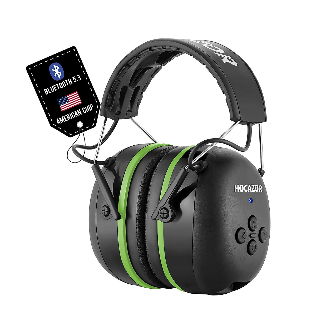 Hocazor HZ07 Upgrade Bluetooth 5.3 Hearing Protection Built-in 1500 mAh Rechargeable Battery 40 Hours+ Playing Time Noise Cancelling 25dB NRR Earmuffs NRR 25dB for Mowing Workshops, Green