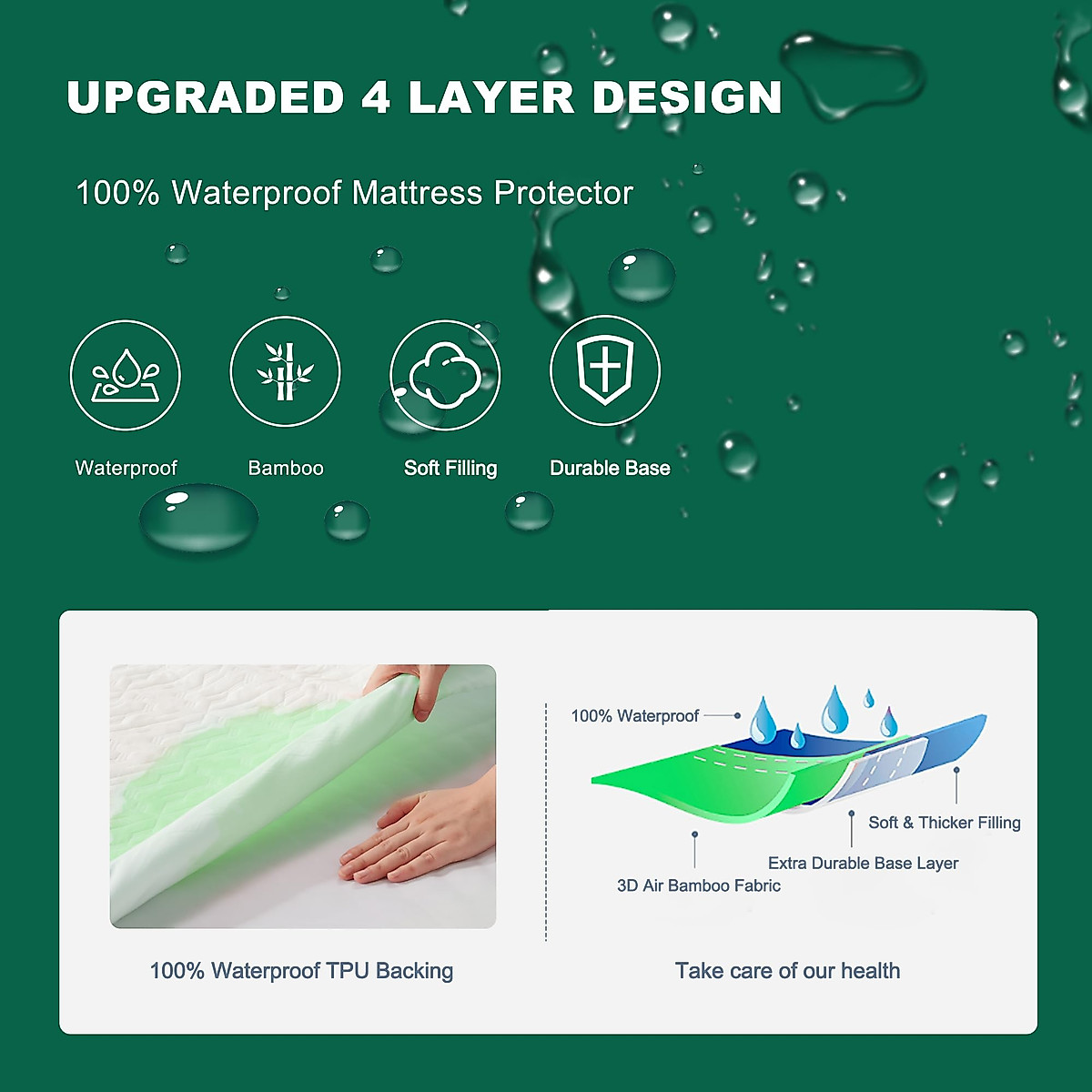Waterproof Mattress Protector Queen Size, 40% Rayon Derived from Bamboo Mattress Bed Cover, 3D Air Fabric Breathable Mattress Pad Fitted with Deep Pocket 6"- 15" Machine Washable