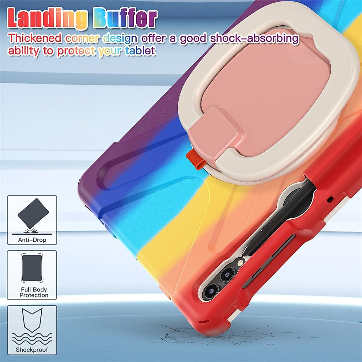 for Samsung Galaxy Tab S7 FE SM-T730 T733 T736 Case 12.4 inch Tablet Case 3in1 Heavy Duty Rugged Double Silicone + Hard Plastic Frame with Shoulder Strap & Round Kickstand - C