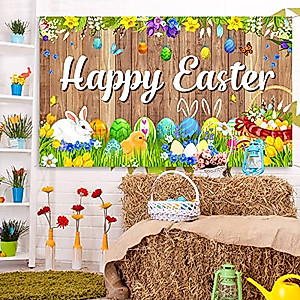 Happy Easter Decorations Easter Backdrops Photography Banner Bunny Grassland Rustic Wood Background Eggs Banner for Jesus Easter Spring Party Decorations, 70.8 x 43.3 Inch