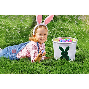 Jolly Jon Easter Bunny Basket Bag - Green to Silver Sequin Colors - Kids Easter Egg Hunt Baskets - Color Changing Reusable Party Bags - Rabbit with Cotton Tail Canvas Tote