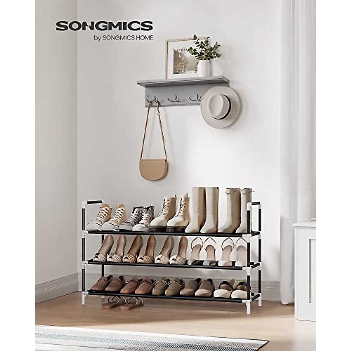 SONGMICS 3-Tier Shoe Rack with Shelves for Closet Entryway, Black ULSH053B01, 11 x 38.8 x 22.8 Inches