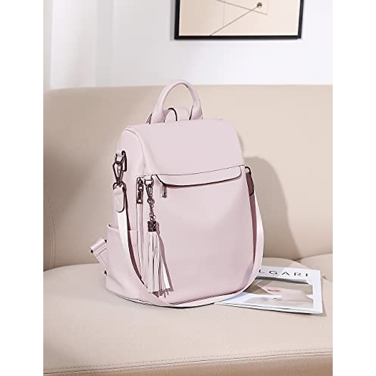 Telena Backpack Purse for Women, PU Leather Anti Theft Travel Backpack Purse Shoulder Bags with Tassel Pure Pink