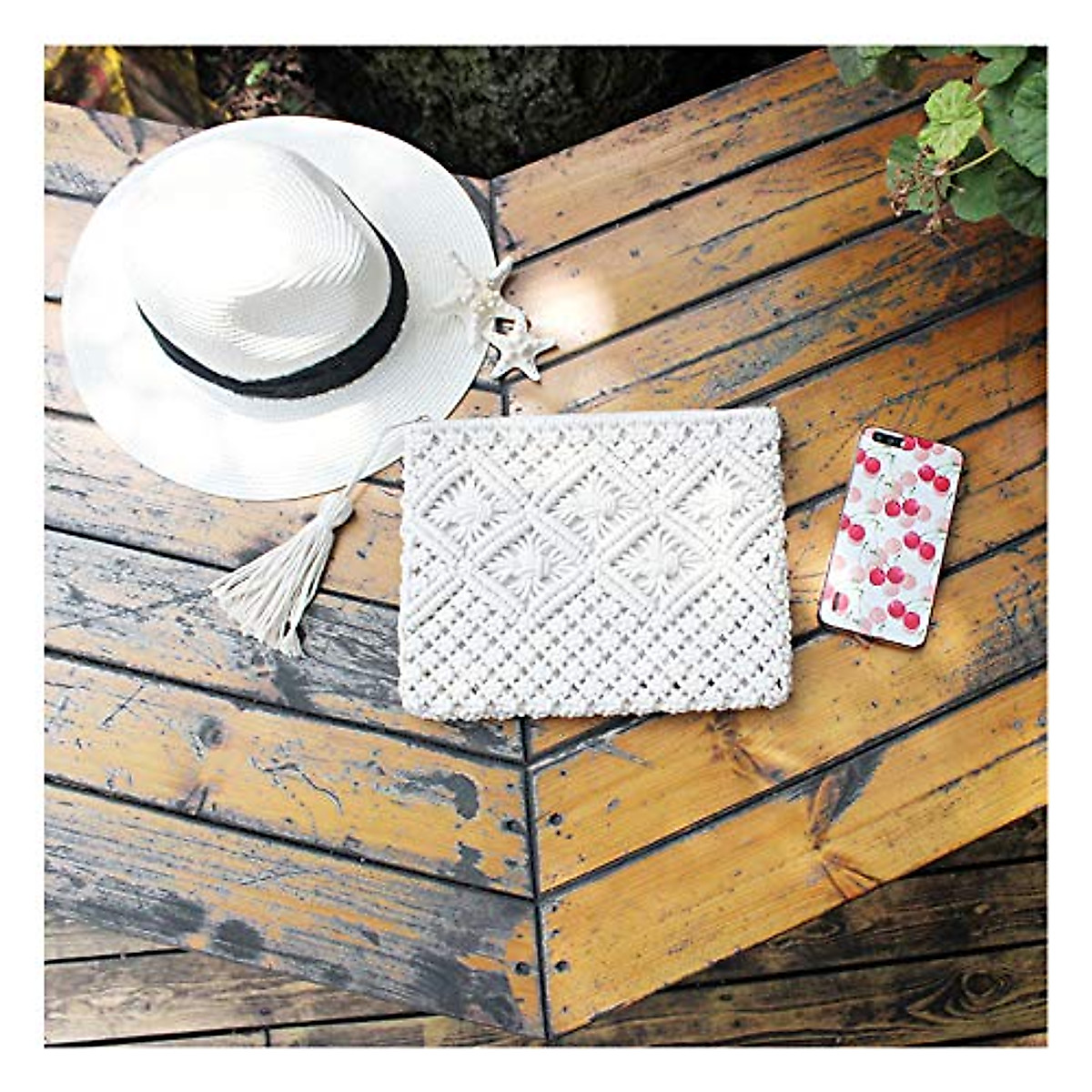 QTKJ Women's Summer Beach Straw Crochet Clutch Bag Woven Envelope Tassel Bag with Zipper (White)