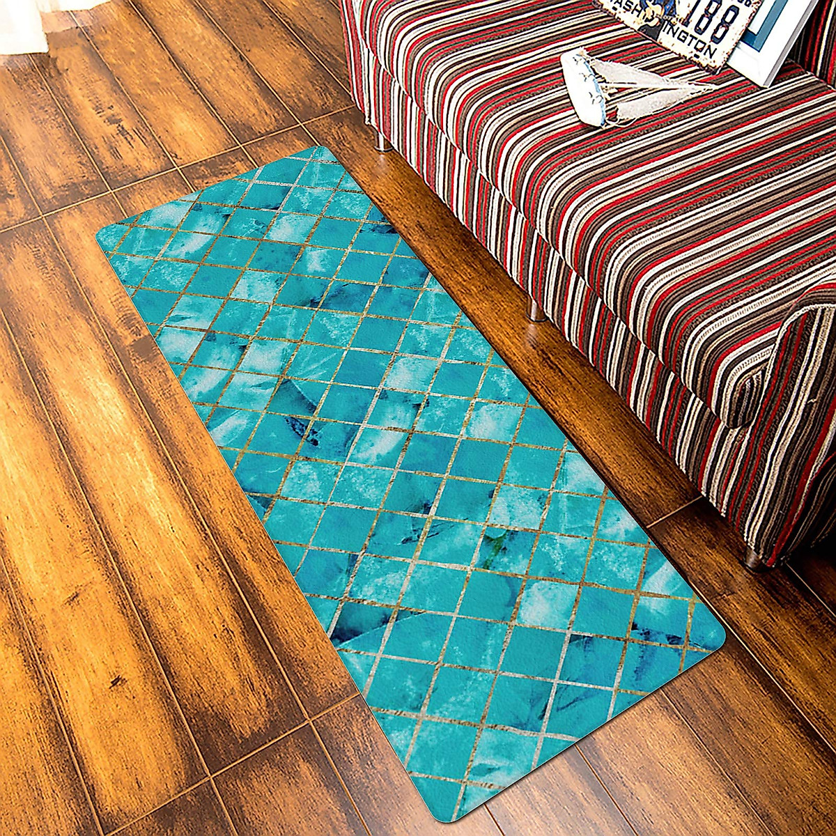 Gold Plaid Antifatigue Kitchen Bath Door Mat Cushioned Runner Rug,Washable Welcome Floor Sink Mat,Abstract Marble Green Blue Waterproof & Non-Slip Comfort Standing Doormat for Kitchen,18"x59"