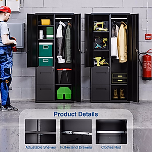 PEUKC Metal Storage Cabinets with Locking Doors, 67" Freestanding Clothing Coat Storage Wardrobe Lockers for Office, Home, School, Garage, Gym (Black)