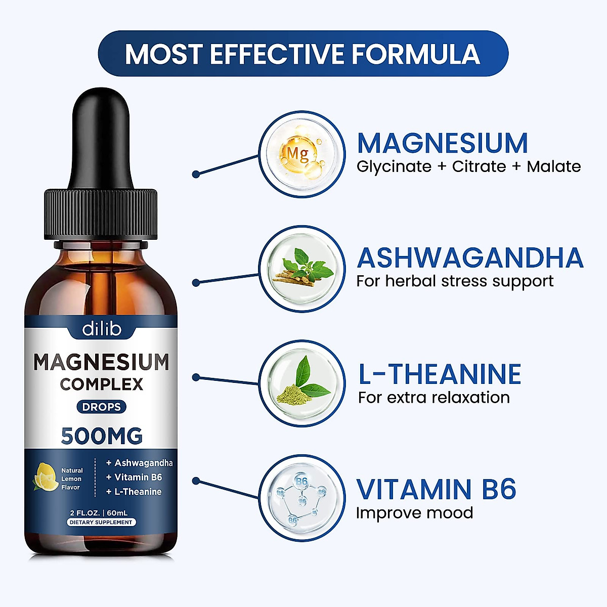 Magnesium Glycinate Liquid Drops, Triple Magnesium Complex Supplement with Citrate, Malate 500mg Ashwagandha, L-Theanine, Vitamin B6 for Sleep, Calm, Stress Relief, Bone, Muscle, Mood - Lemon Flavor