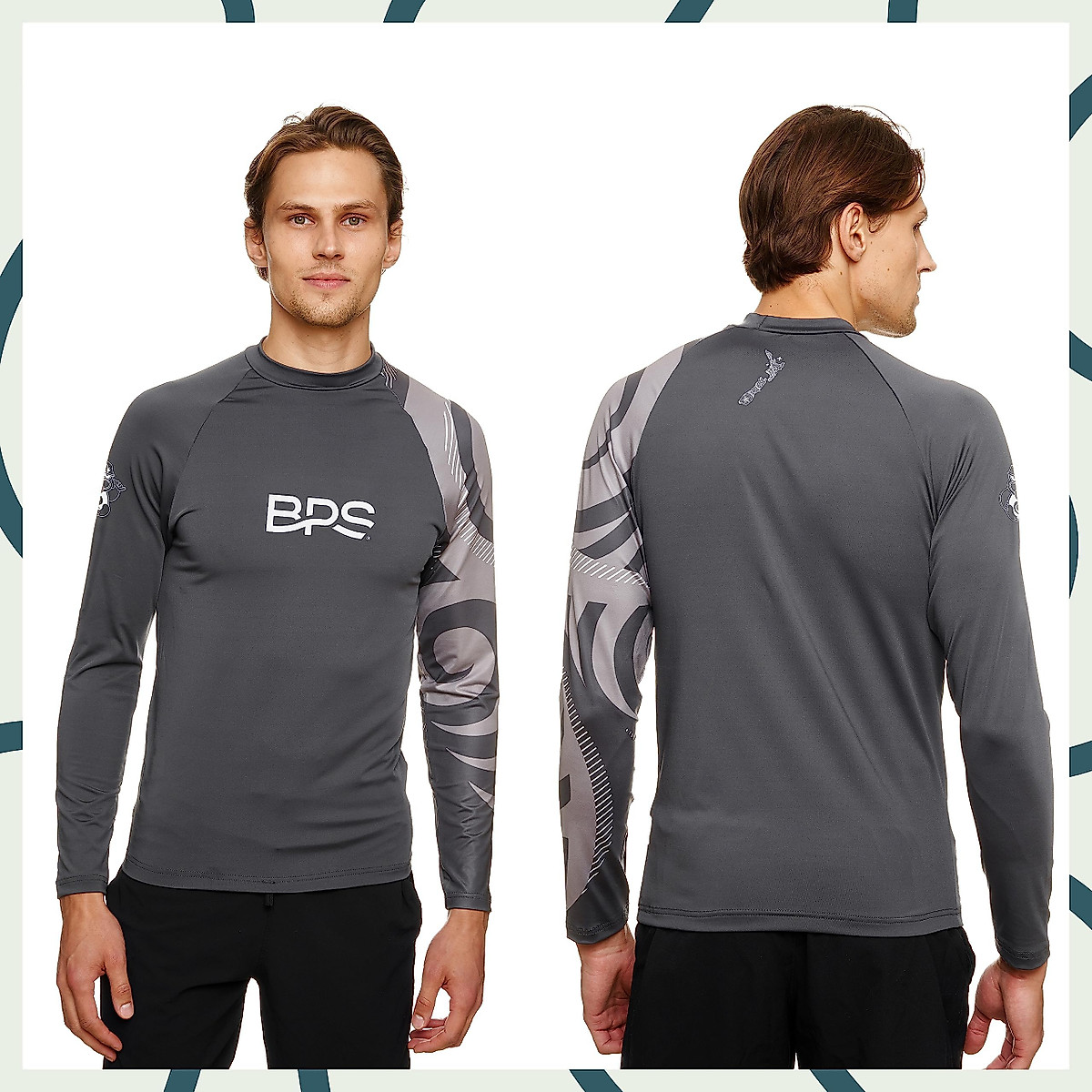 BPS Men's Long Sleeve Swim Shirt/Rash Guard with Sun Protection (Patterned Charcoal Grey, L)
