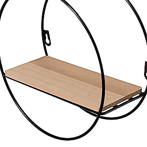 Decorative Modern Round Accent Floating Shelf Circle Decor Display Wall Mounted Rack with Metal Frame and Pine Wood Shelf, Black