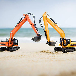 Gemini&Genius Long Reach Excavator Toy for Kids, Heavy Duty Construction Vehicle Digger Toys, 360-degree Rotatable Driver's Compartment, Multi-Jointed Movable Tracked Vehicle for Kids Gift (Yellow)