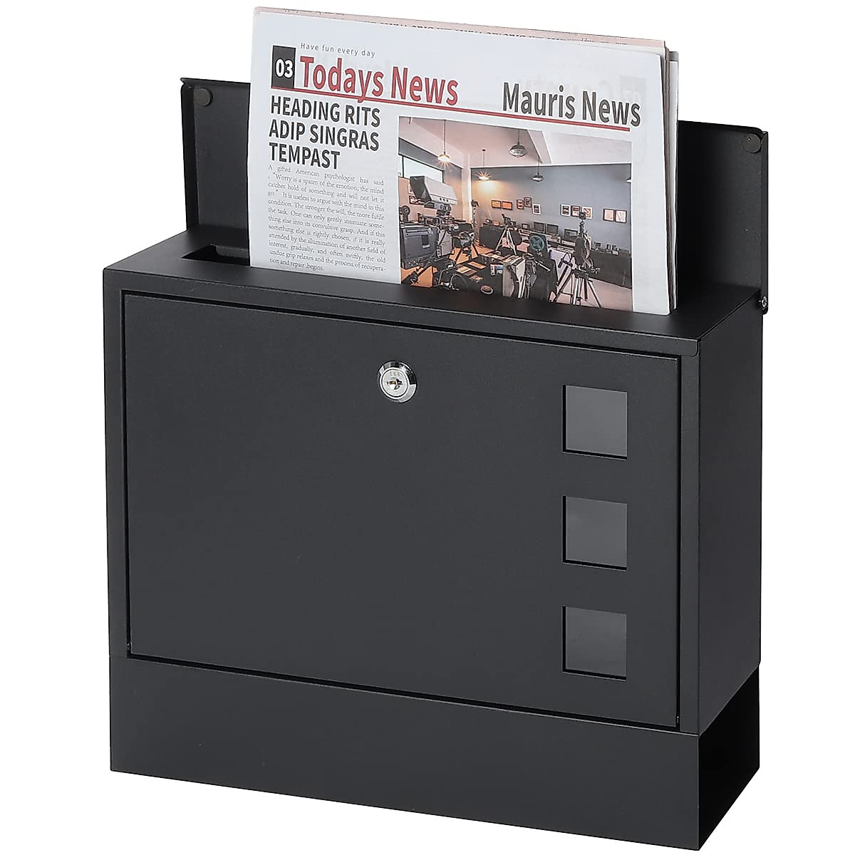 Kasten Wall-Mount Mailbox for Outside, Large Capacity Metal Mailbox with Newspaper Compartment, 14.3 x 4.1 x 11.8 Inch, Black