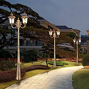 MODEBHD 215cm 2-Heads European Antique Retro Glass Column Lamp Victoria Lantern Aluminum Outdoor Waterproof Column Light Lawn Street Post Light E27 Decoration Villa Garden Fence High Pole Lamp