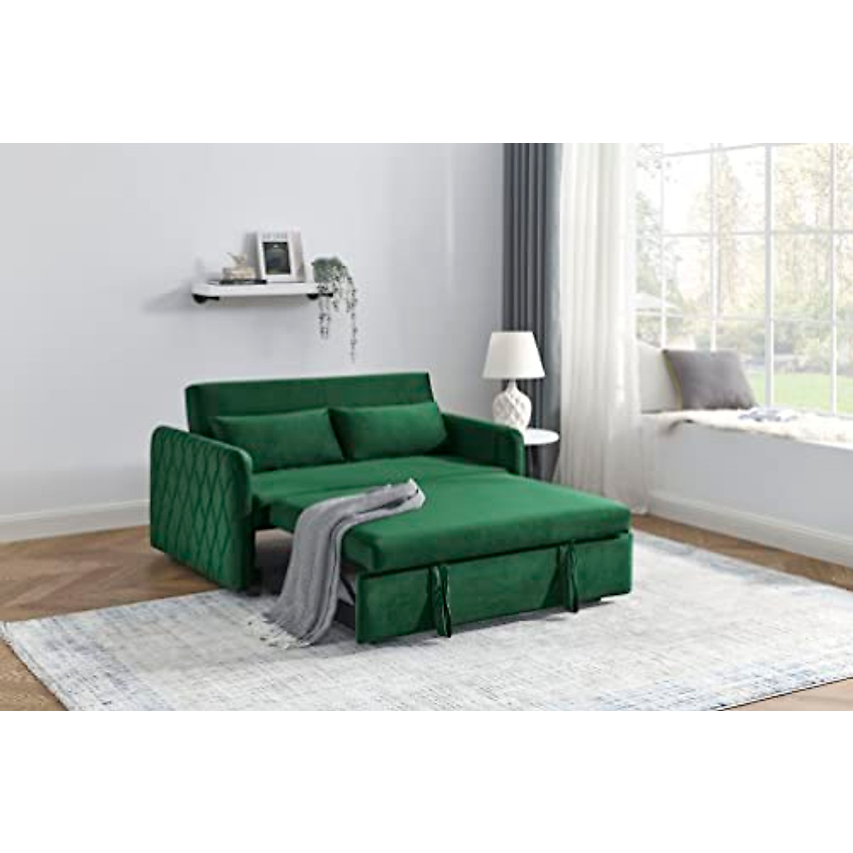 HomSof 2 Pillows and Living Room Adjustable Backrest, Grid Design Armrests 55" Modern Convertible 2 Detachable Arm Pockets, Velvet Loveseat Sofa with Pull Out Bed, Style B, Green