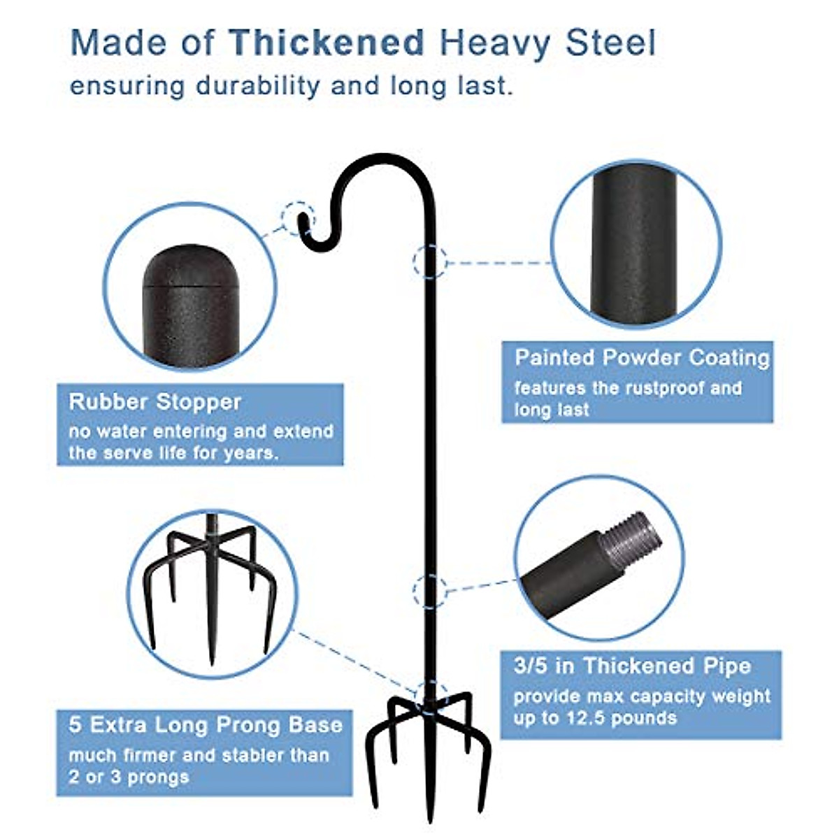 Artigarden 108 inch Outdoor Shepherd Hook with 5 Prong Base (1 Pack), Adjustable Heavy Duty Garden Hanging Stake for Bird Feeder Solar Light Plant Hanger Wedding Decor, Matte Black