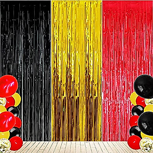 Mickey Birthday Party Supplies, Red Black Gold Fringe Curtains Photo Backdrop for Party Decorations (3 Pack)