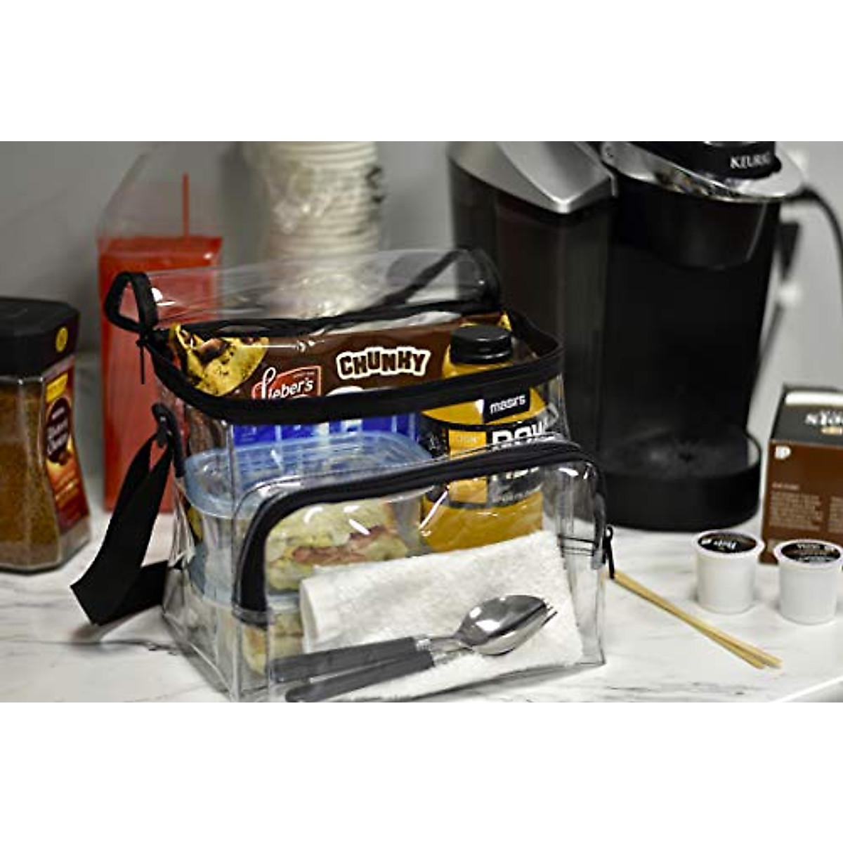 Clear Lunch Bag - Durable PVC Plastic See Through Lunch Bag with Adjustable Shoulder Strap Handle for Prison Correctional Officers, Work, Stadium Approved, Freezer Proof. (Medium)