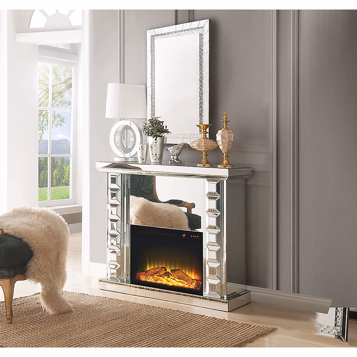Acme Dominic Mirrored Electric Fireplace in Mirrored Finish