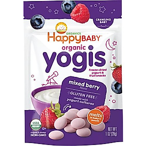 Happy Baby Organics Baby Snacks, Yogis, Freeze Dried Yogurt & Fruit Snacks, Gluten Free Snack for Babies 9+ Months, Mixed Berry, 1 Ounce (Pack of 1)