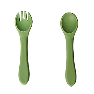 6pcs Baby Weaning Supplies, Silicone Baby Feeding Set, Suction Cup Divider with Suction Cup Adjustable Bib Soft Spoon Fork, Baby Self-Feeder Toddler Dinnerware Cutlery 6pack (Green)