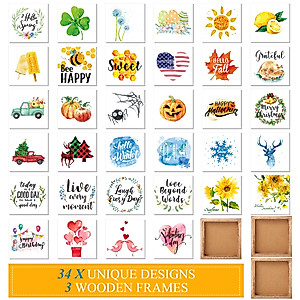 Farmhouse Home Decor Signs 3 Frames with 34 Interchangeable Holiday Seasonal Sayings Tiered Tray 6.7 x 6.7 Inch Fall Wall Decor Frames Sign for Living Room Wall, Table