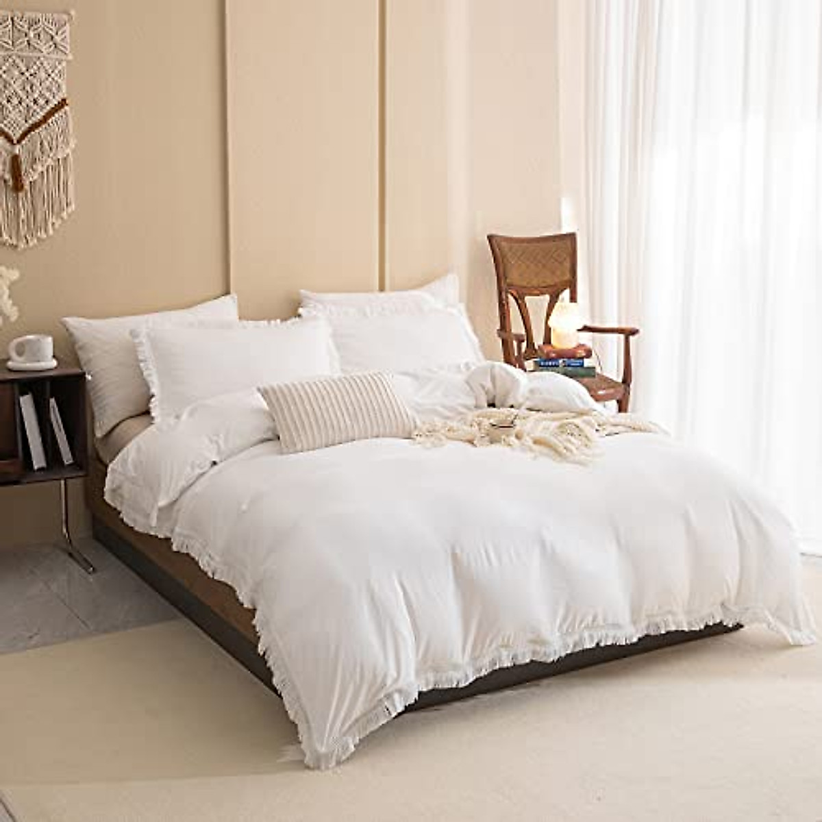 White Bedding Queen Boho Duvet Cover Set Shabby Chic Home Decor Tufted Tassel Beding Bohemian Farmhouse Bedding Set 1 Duvet Cover 2 Pillowcases (White, Queen)