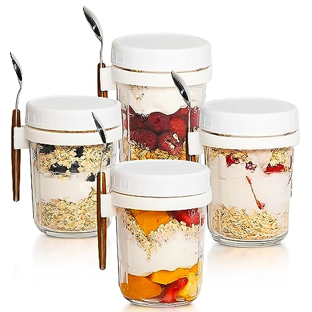 4 Pack Overnight Oats Containers with Lids and Spoons, 16oz Glass Mason Meal Prep Container Microwave Safe,Airtight Glass Jars,Oats Overnight,Yogurt Parfait Fruit Cereal With Measurement Marks