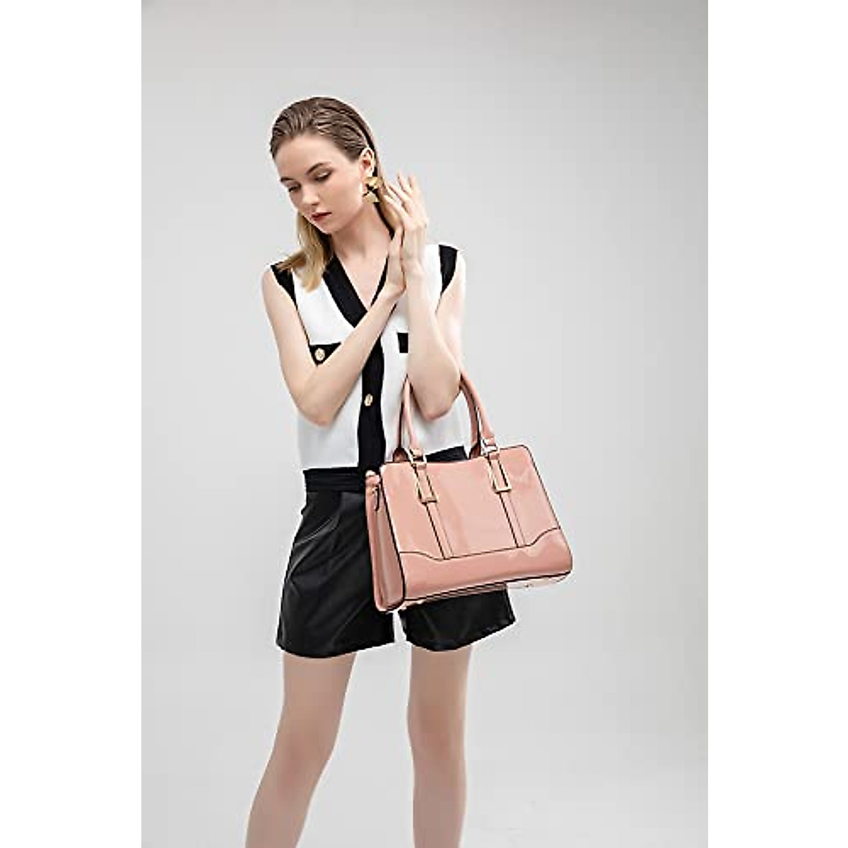 LJOSEIND Shiny Patent Leather Handbags Shoulder Bags Fashion Satchel Purses Top Handle Bags for Women (Pink)