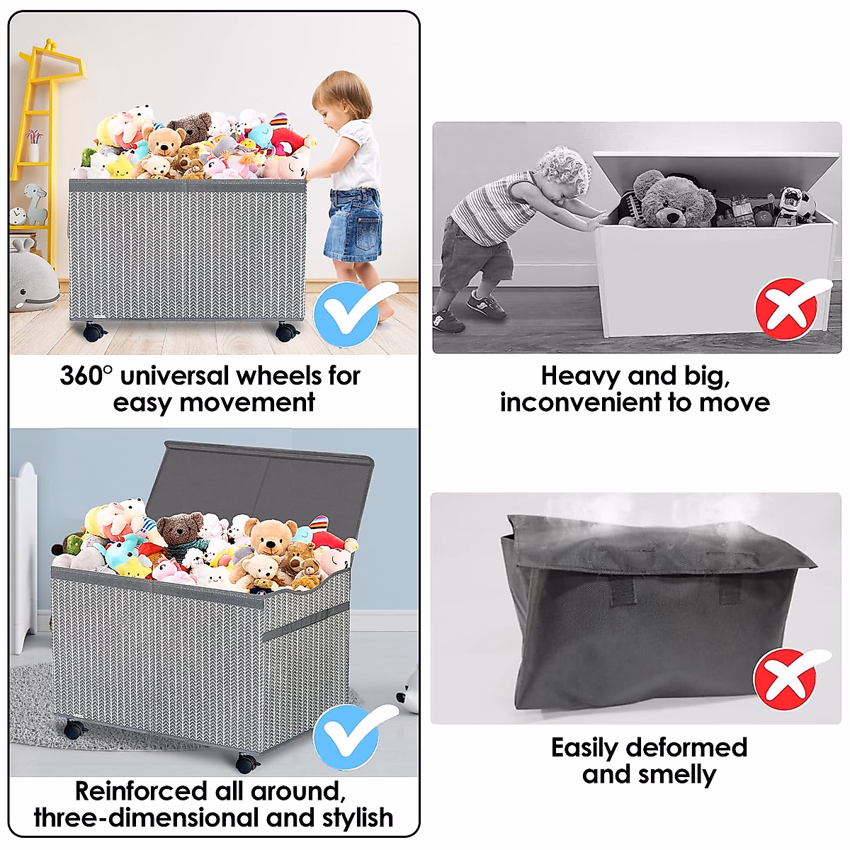 VERONLY Large Toy Box Storage Chest with Wheels for Boys,Girls, Collapsible Kids Toy Organizers and Storage Bins with Lids for Nursery,Playroom (Grey)